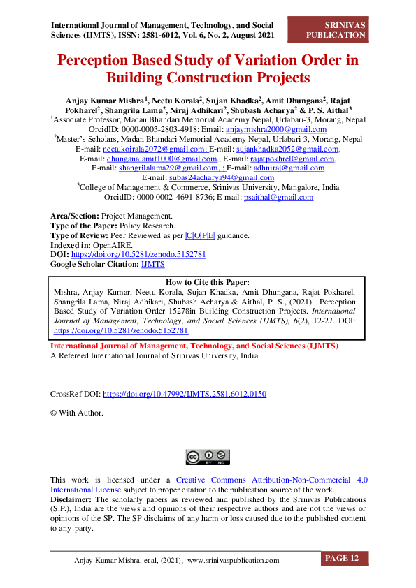 (PDF) Perception Based Study of Variation Order in Building Construction Projects