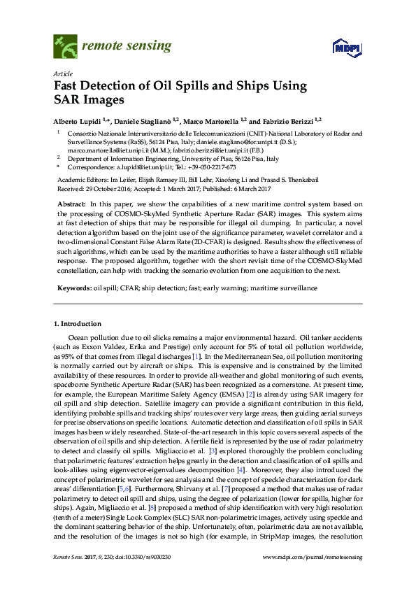(PDF) Fast Detection of Oil Spills and Ships Using SAR Images | Alberto ...