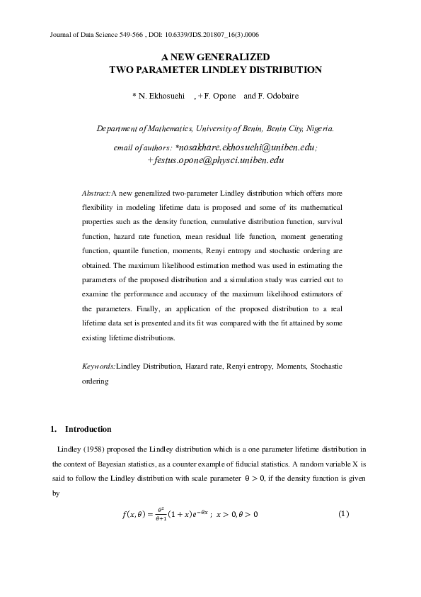 (PDF) A New Generalized Two Parameter Lindley Distribution