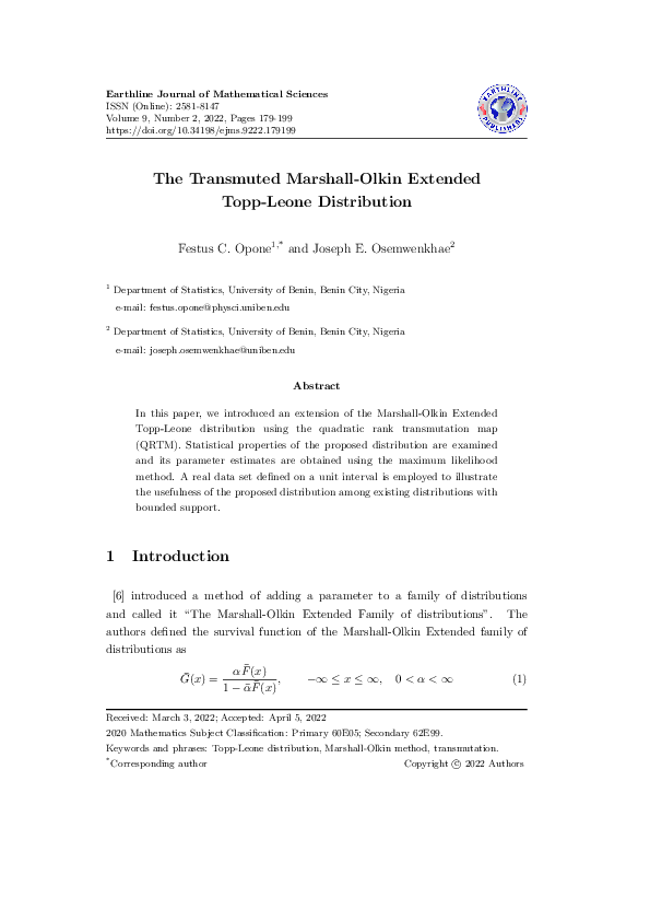 (PDF) The Transmuted Marshall-Olkin Extended Topp-Leone Distribution