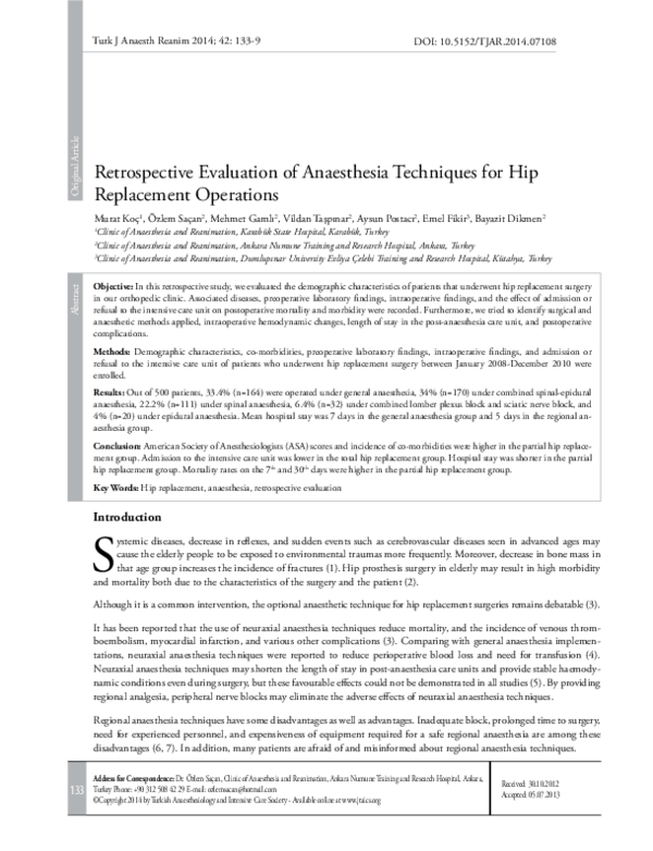 (PDF) Retrospective Evaluation of Anesthesia Techniques for Hip Replacement Operations