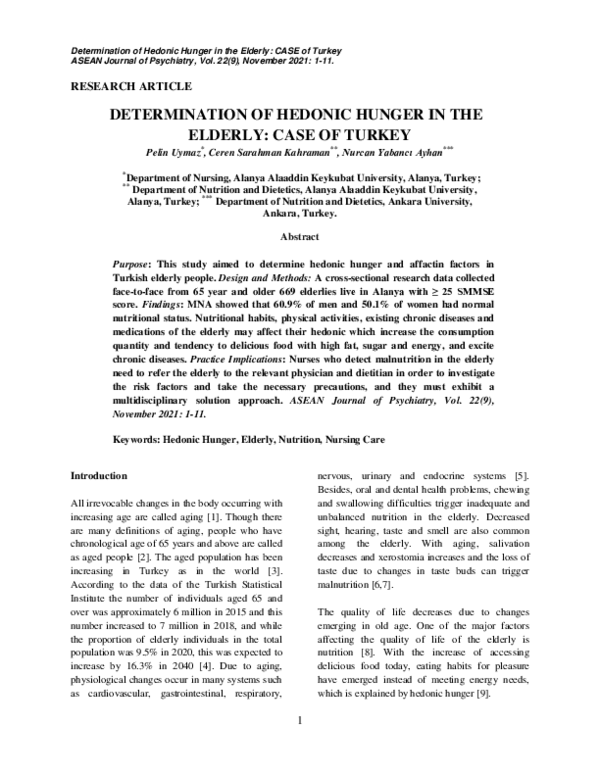 (PDF) Determination of Hedonic Hunger in the Elderly: CASE of Turkey