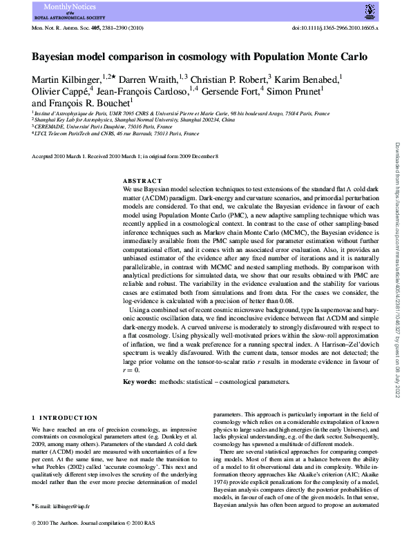 (PDF) Bayesian model comparison in cosmology with Population Monte Carlo