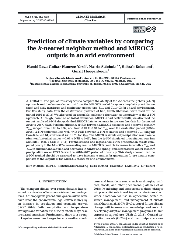 (PDF) Prediction of climate variables by comparing the k-nearest neighbor method and MIROC5 ...