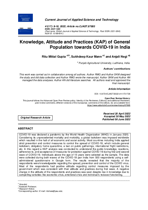 (PDF) Knowledge, Attitude and Practices (KAP) of General Population towards COVID-19 in India ...