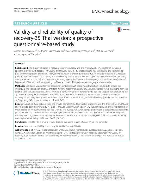 (PDF) Validity and reliability of quality of recovery-35 Thai version: a prospective ...