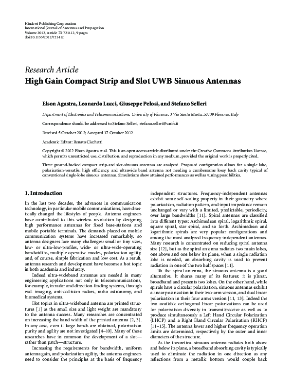 (PDF) High Gain Compact Strip and Slot UWB Sinuous Antennas