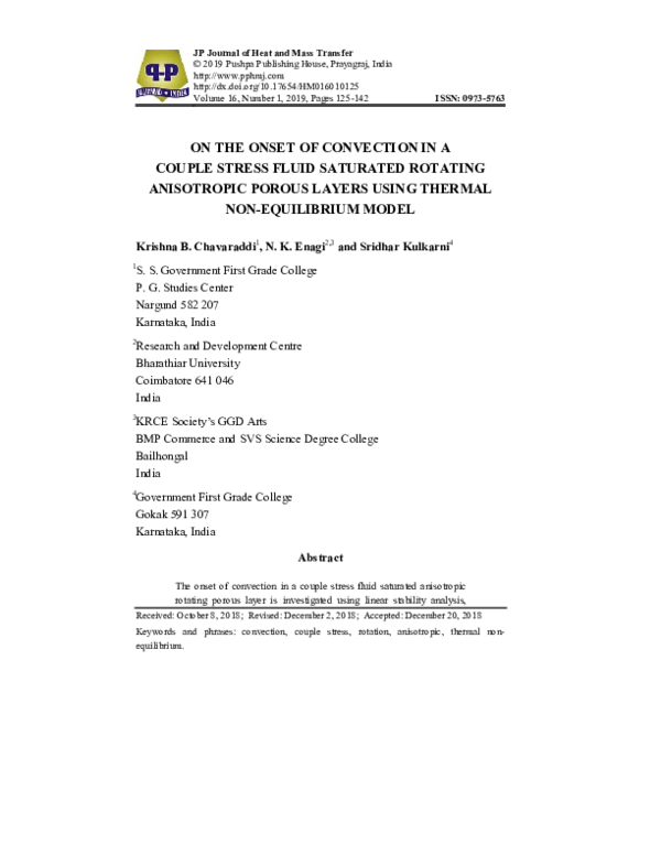 Pdf On The Onset Of Convection In A Couple Stress Fluid Saturated
