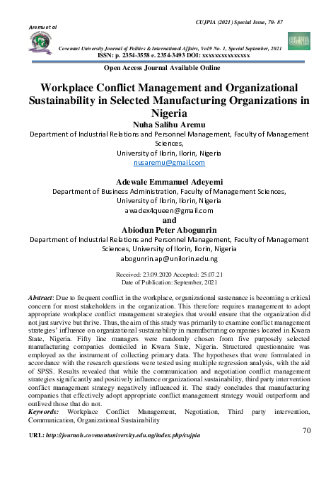 (PDF) Workplace Conflict Management and Organizational Sustainability in Selected Manufacturing ...