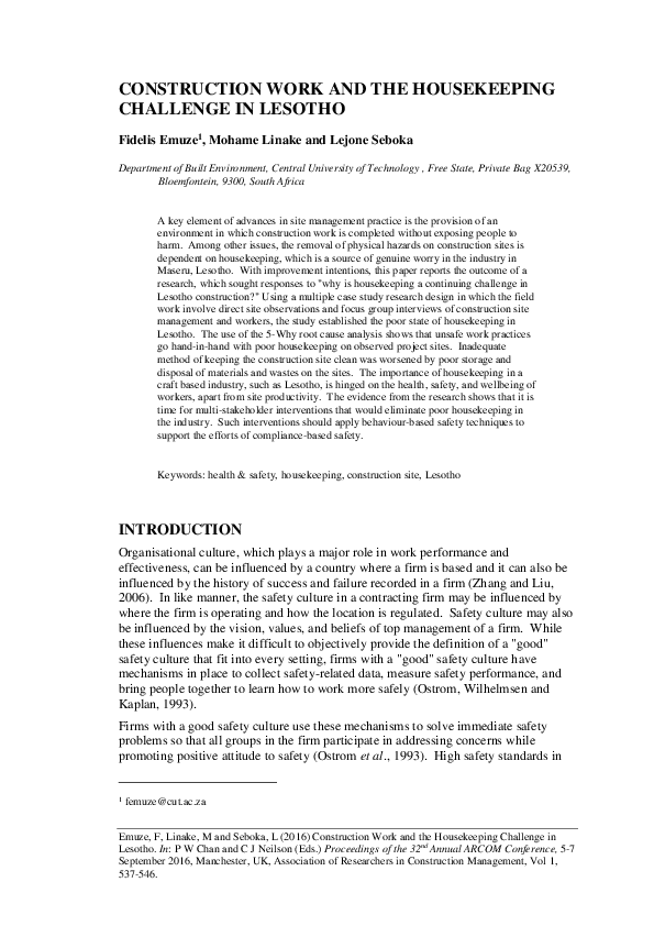 (PDF) Construction Work and the Housekeeping Challenge in Lesotho