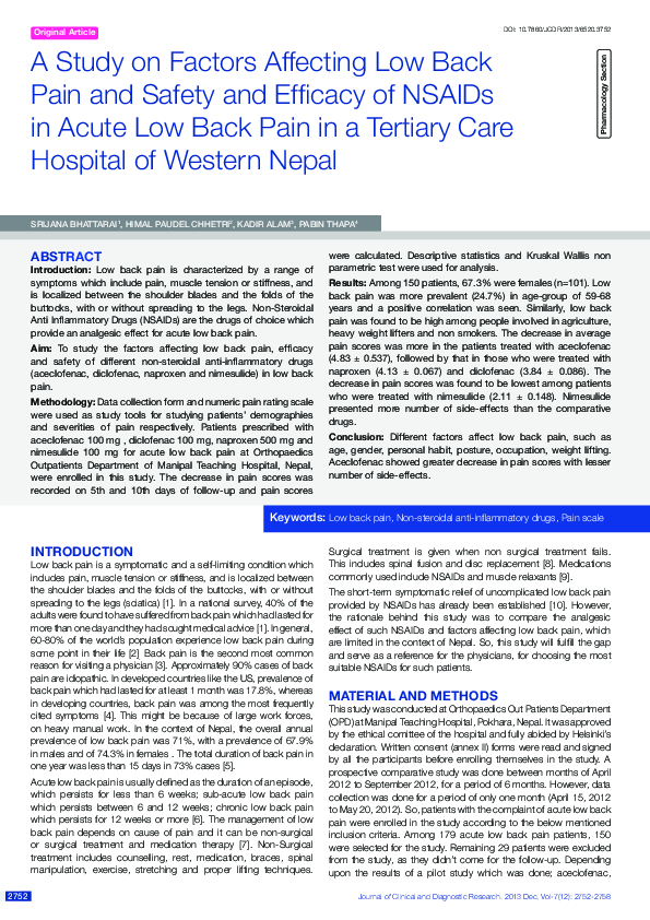 (PDF) A Study on Factors Affecting Low Back Pain and Safety and Efficacy of NSAIDs in Acute Low ...