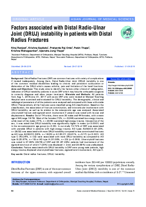 (PDF) Factors associated with Distal Radio-Ulnar Joint (DRUJ ...