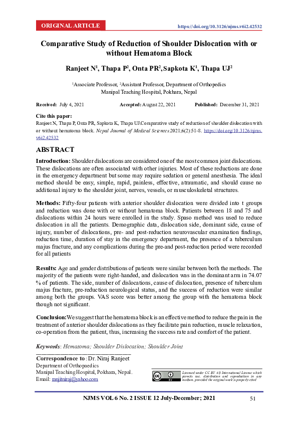 (PDF) Comparative Study of Reduction of Shoulder Dislocation with or ...