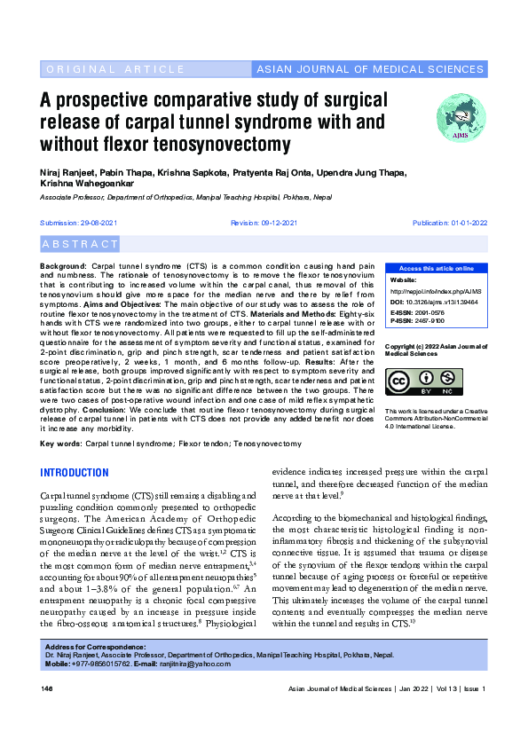 (PDF) A prospective comparative study of surgical release of carpal ...