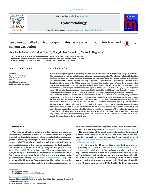 (PDF) Recovery of palladium from a spent industrial catalyst through ...