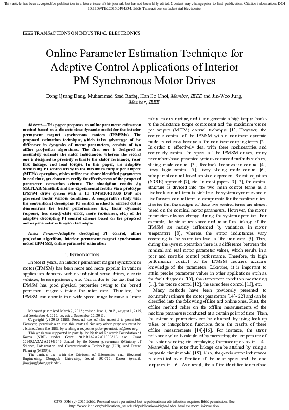 (PDF) Online Parameter Estimation Technique for Adaptive Control Applications of Interior PM ...