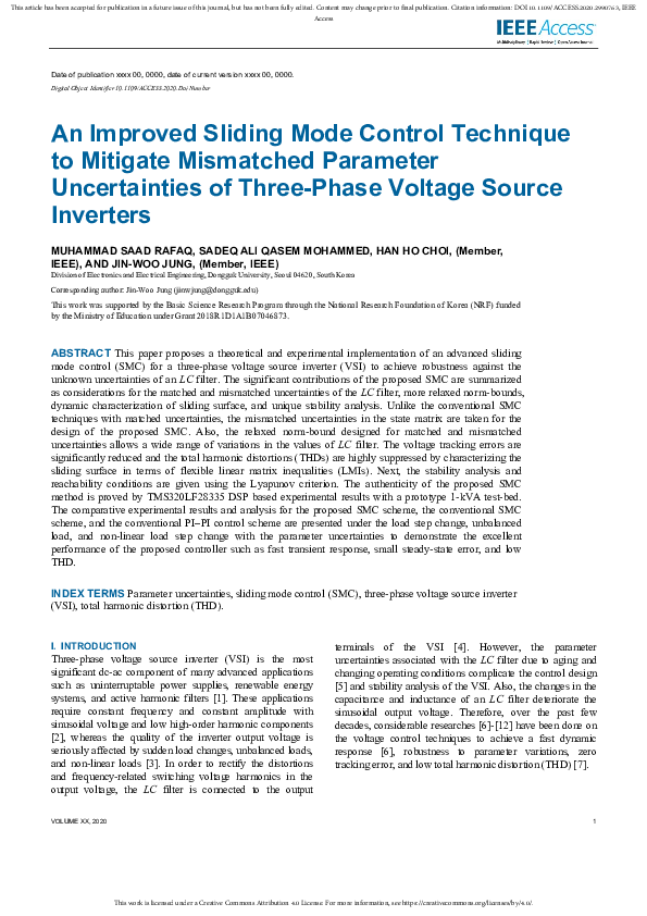 (PDF) An Improved Sliding Mode Control Technique to Mitigate Mismatched Parameter Uncertainties ...