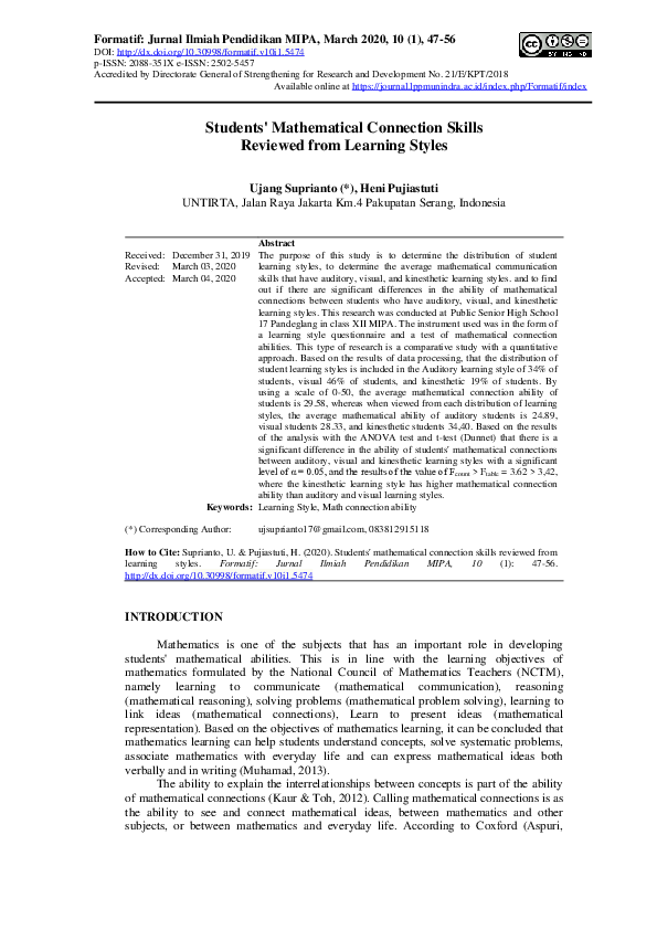 (PDF) Students' Mathematical Connection Skills Reviewed From Learning ...