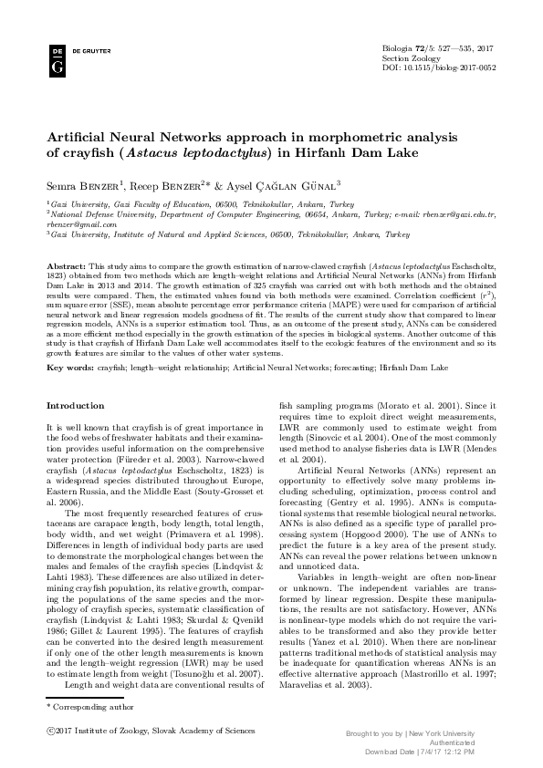 (PDF) Artificial Neural Networks approach in morphometric analysis of crayfish (Astacus ...