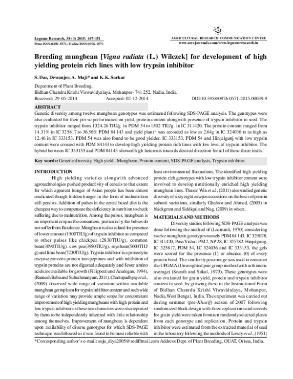 (PDF) Breeding mungbean [Vigna radiata(L.) Wilczek] for development of ...