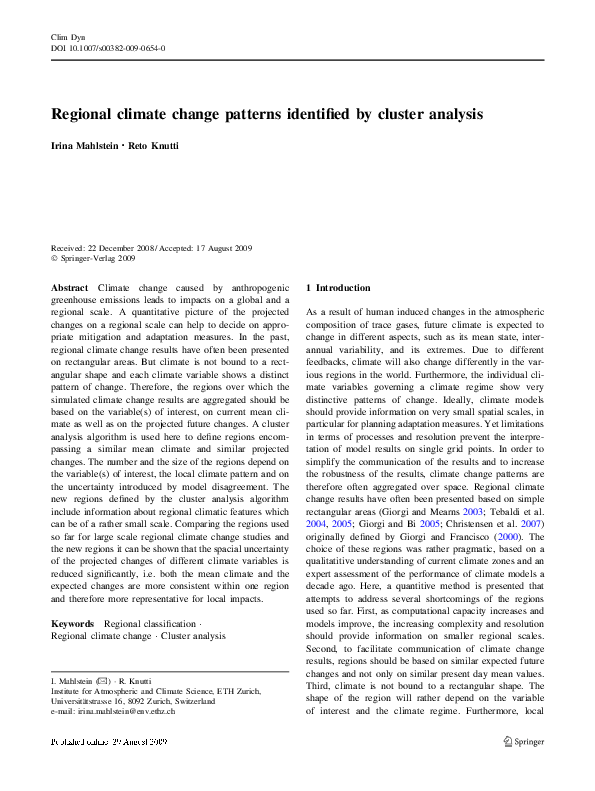 (PDF) Regional climate change patterns identified by cluster analysis