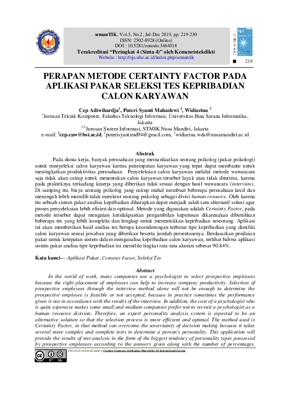 (PDF) Perapan Metode Certainty Factor Pada Aplikasi Pakar Seleksi Tes ...