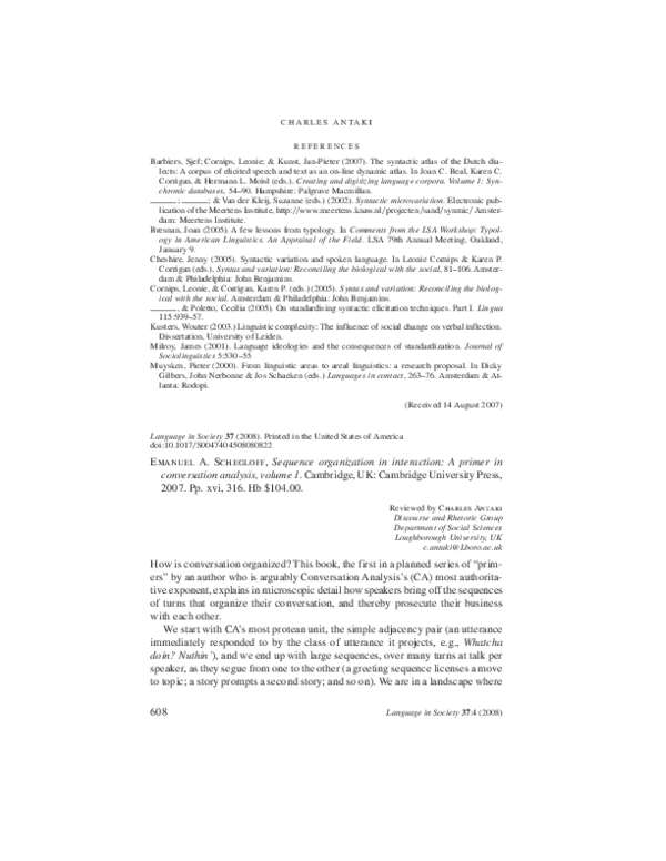 (PDF) Emanuel A. Schegloff, Sequence organization in interaction: A ...