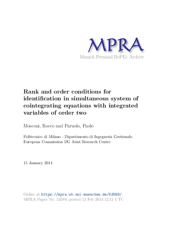 (PDF) Rank and Order Conditions for Identification in Simultaneous System of Cointegrating ...