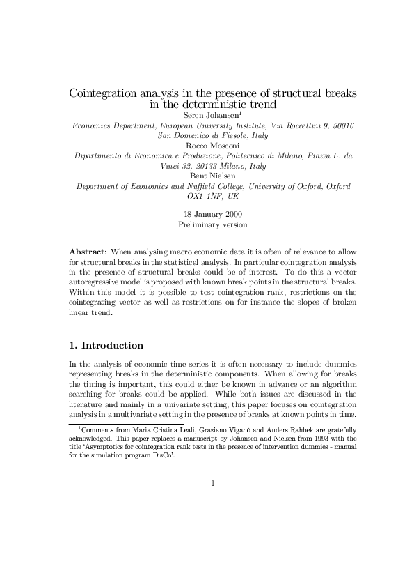 Pdf Cointegration Analysis In The Presence Of Structural Breaks In The Deterministic Trend