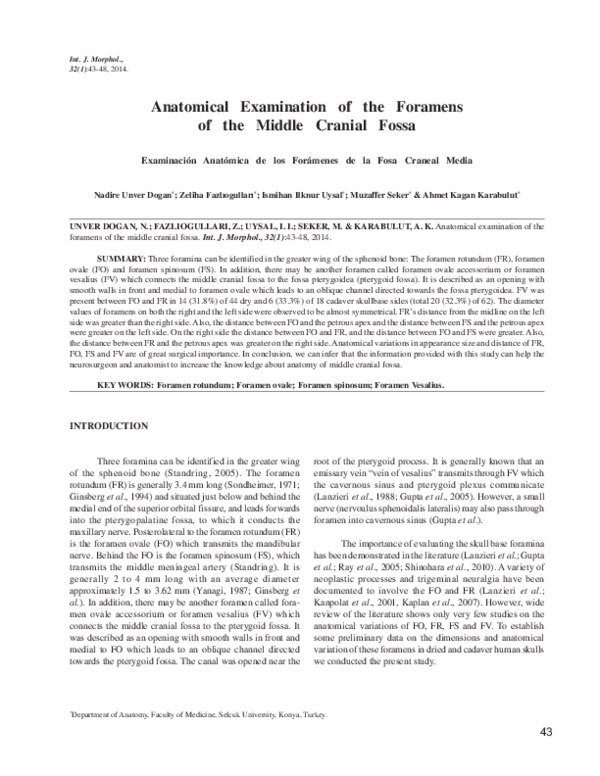 (PDF) Anatomical Examination of the Foramens of the Middle Cranial Fossa