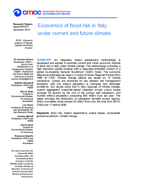 (PDF) Economics of flood risk in Italy under current and future climate