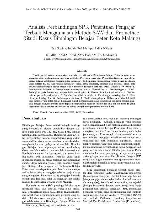 (PDF) Analisis Perbandingan SPK Penentuan Pengajar Terbaik Menggunakan Metode SAW dan Promethee ...