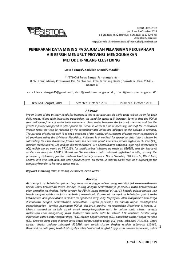 Pdf Penerapan Data Mining Pada Jumlah Pelanggan Perusahaan Air Bersih Menurut Provinsi
