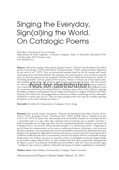 (PDF) Singing the Everyday, Sign(al)ing the World: On Catalogic Poems