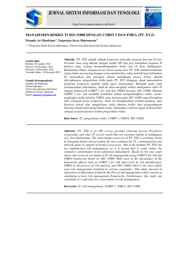 (PDF) Manajemen Risiko TI ISO 31000 Dengan Cobit 5 Dan FMEA (PT. XYZ)