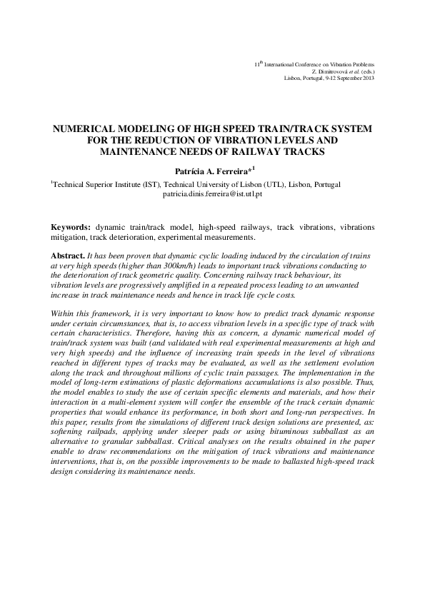 Pdf Numerical Modelling Of High Speed Traintrack System For The Reduction Of Vibration Levels