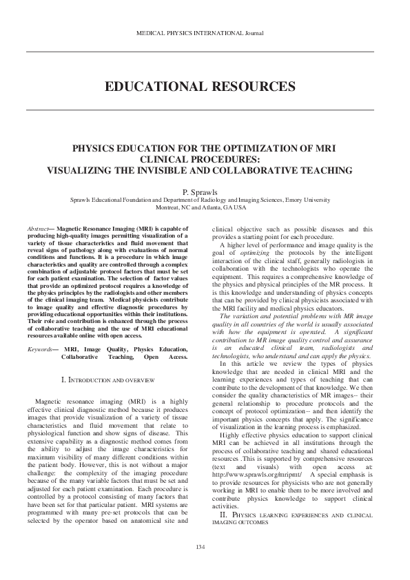(PDF) Education for the Optimization of Mri Clinical Procedures : Visualizing the Invisible and ...