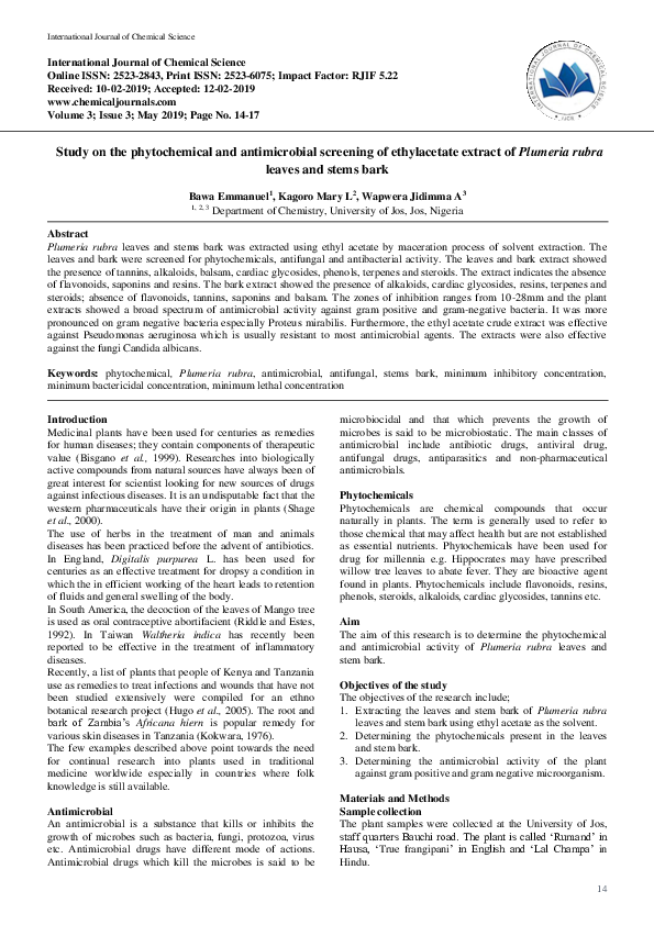 (PDF) Study on the phytochemical and antimicrobial screening of ethylacetate extract of Plumeria ...