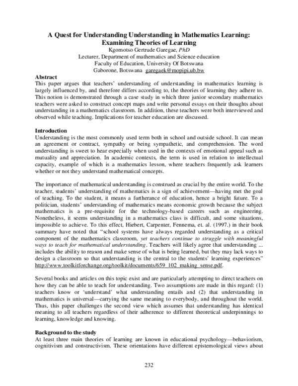 (PDF) A Quest for Understanding Understanding in Mathematics Learning ...