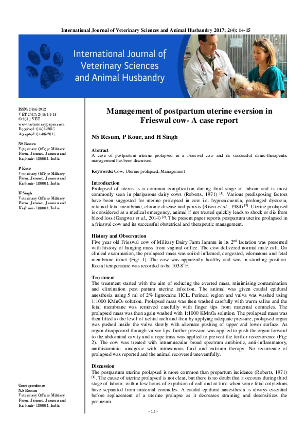 (PDF) Management of postpartum uterine eversion in Frieswal cow- A case ...
