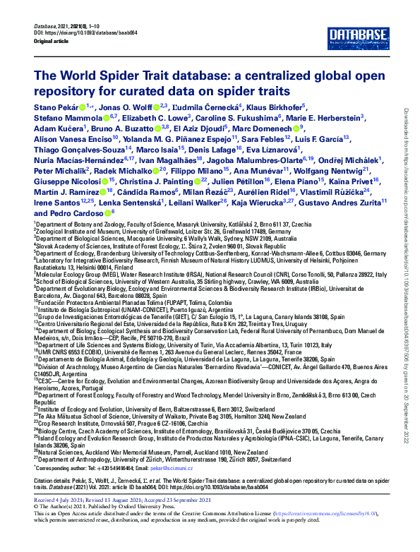 (PDF) The World Spider Trait database: a centralized global open repository for curated data on ...
