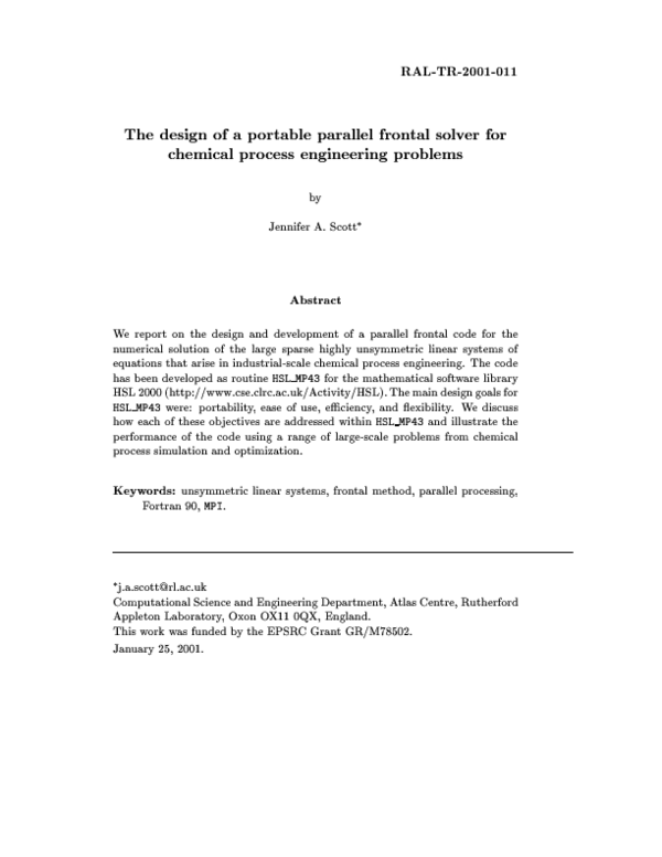(PDF) The design of a portable parallel frontal solver for chemical process engineering problems
