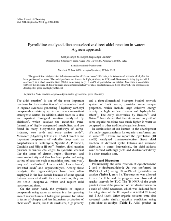 (PDF) ChemInform Abstract: Pyrrolidine Catalyzed Diastereoselective Direct Aldol Reaction in ...