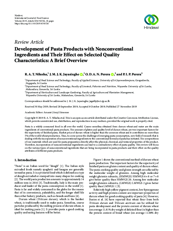 (PDF) Development of Pasta Products with Nonconventional Ingredients ...