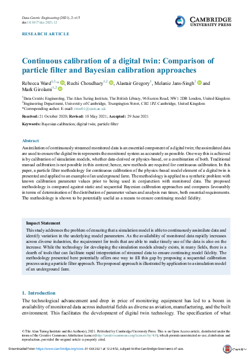 (PDF) Continuous calibration of a digital twin: Comparison of particle ...