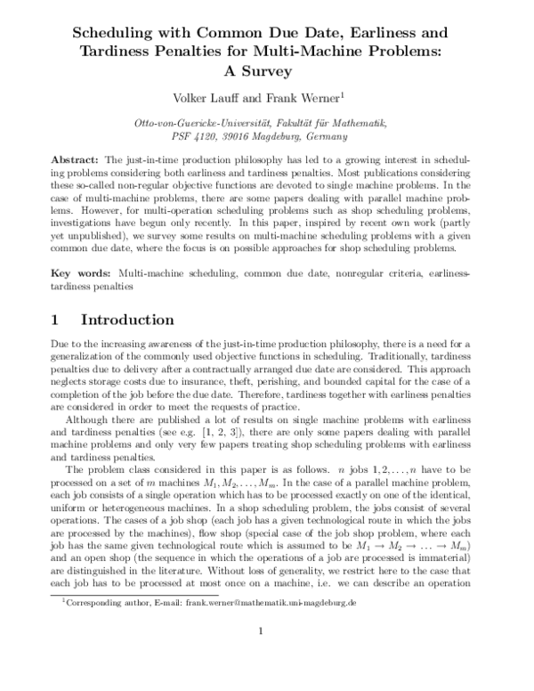 Pdf Scheduling With Common Due Date Earliness And Tardiness Penalties For Multimachine