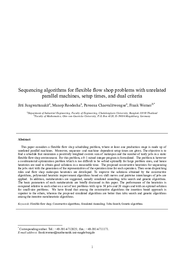 Pdf Algorithms For Flexible Flow Shop Problems With Unrelated Parallel Machines Setup Times