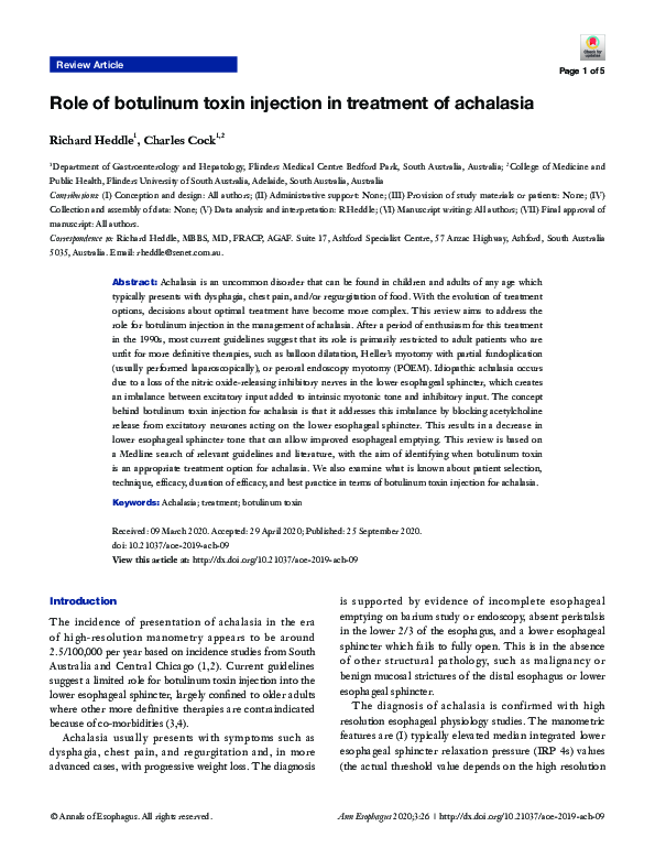 (PDF) Role of botulinum toxin injection in treatment of achalasia