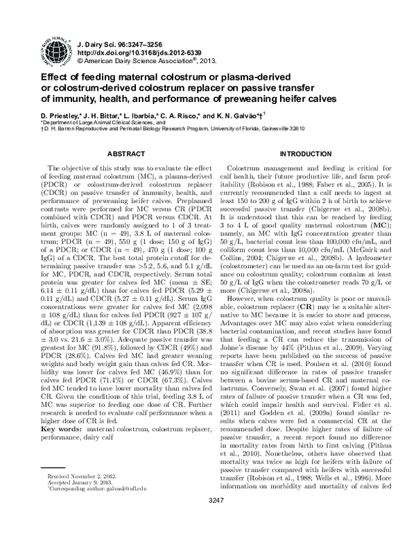 (PDF) Effect of feeding maternal colostrum or plasma-derived or ...