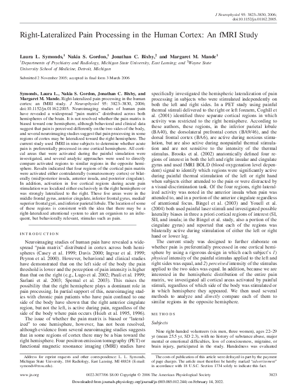 (PDF) Right-Lateralized Pain Processing in the Human Cortex: An fMRI Study